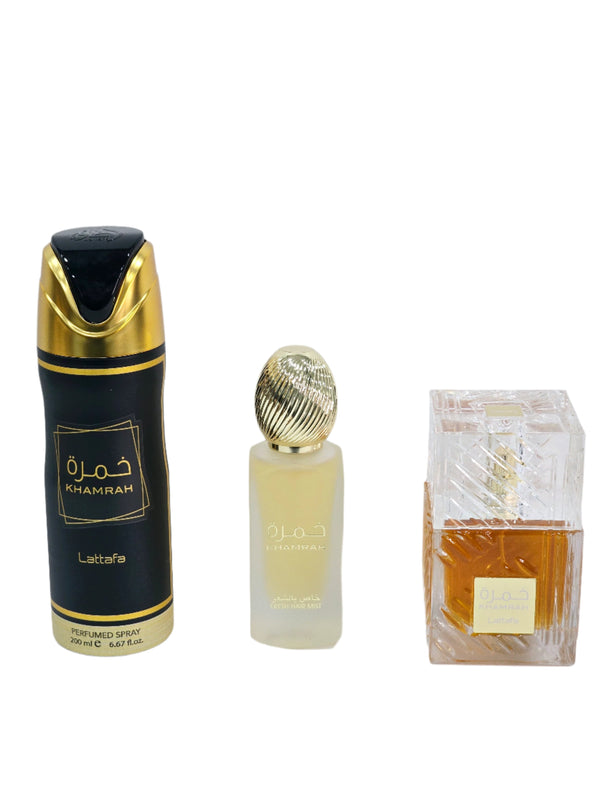 Khamrah By Lattafa Unisex 3 Pcs Gift Set 100ml EDP 200ml Deo 50ml Hair ...