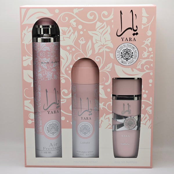 Yara Gift Set by Lattafa 3.4oz Edp+200ml Deo+300ml Air Freshener ...